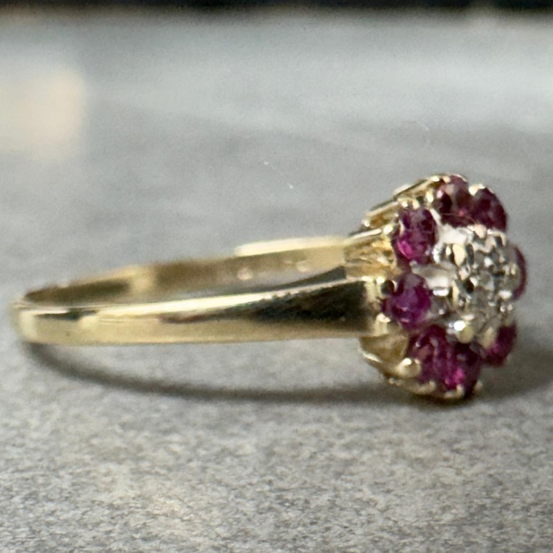 9ct Red & White Stoned Halo Cluster Yellow Gold Ladies Ring Size N ...