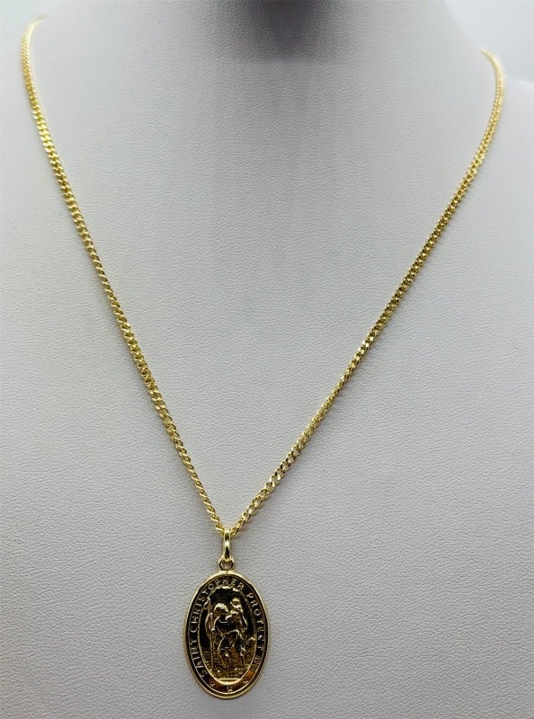 Yellow Gold 9Ct Fine Curb Link With St. Christopher Pendant Chain 9.42G ...