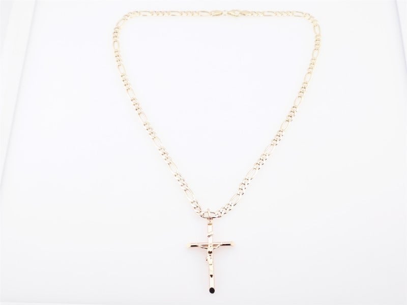 9ct Yellow Gold Crucifix Pendant On Figaro Link Chain 48cm 16.4G ...