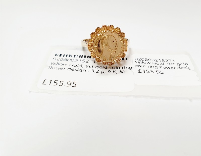 9ct 9Ct Gold Coin Ring Flower Design Yellow Gold Ring Size M ...