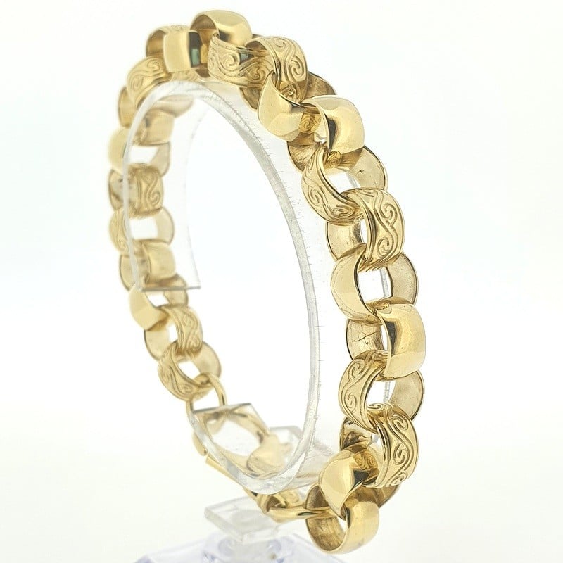 9ct Plain Polished & Patterned Round Belcher Link Yellow Gold Bracelet ...