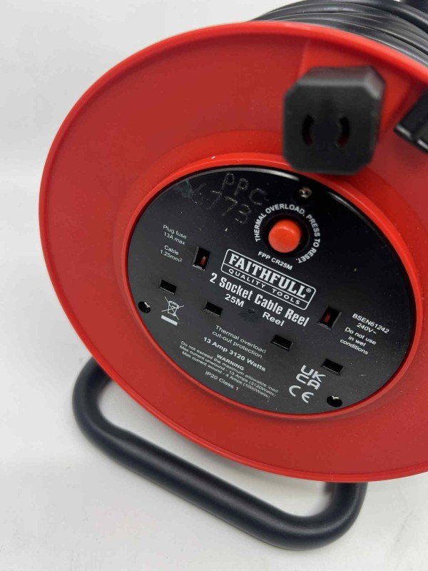 Faithfull Power Plus Open Drum Cable Reel 240V 13A 2-Socket 25M Red ...
