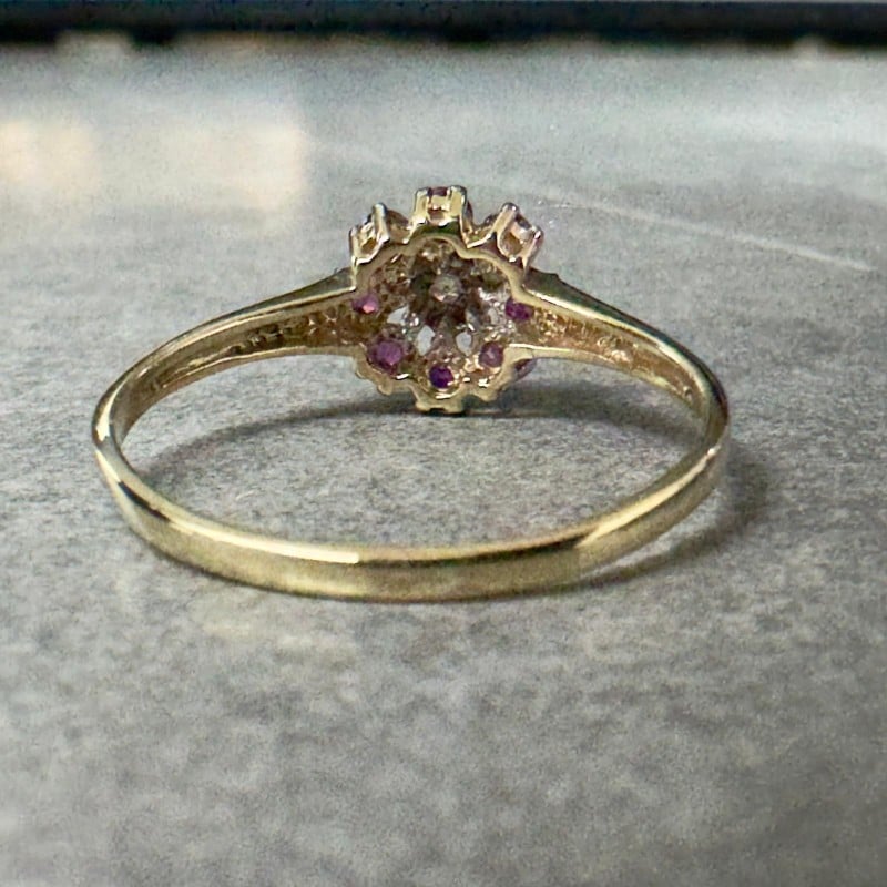 9ct Red & White Stoned Halo Cluster Yellow Gold Ladies Ring Size N ...