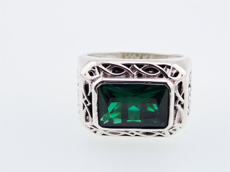 Emerald Cut Green Stone Signet Silver Unisex Ring SizeN | 030100254316 ...