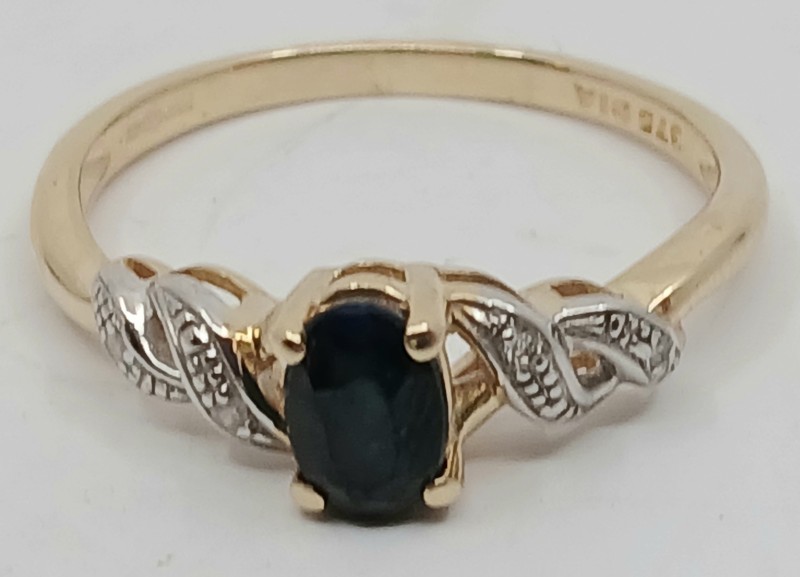 9Ct Sapphire And Diamond Chip Yellow Gold Ladies Ring Size P ...
