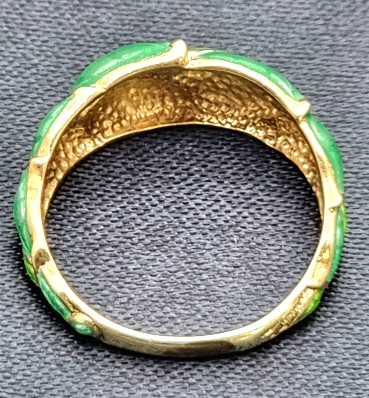 14ct Green Enamel Leaf Ring Yellow Gold Unisex Ring Size P½ ...