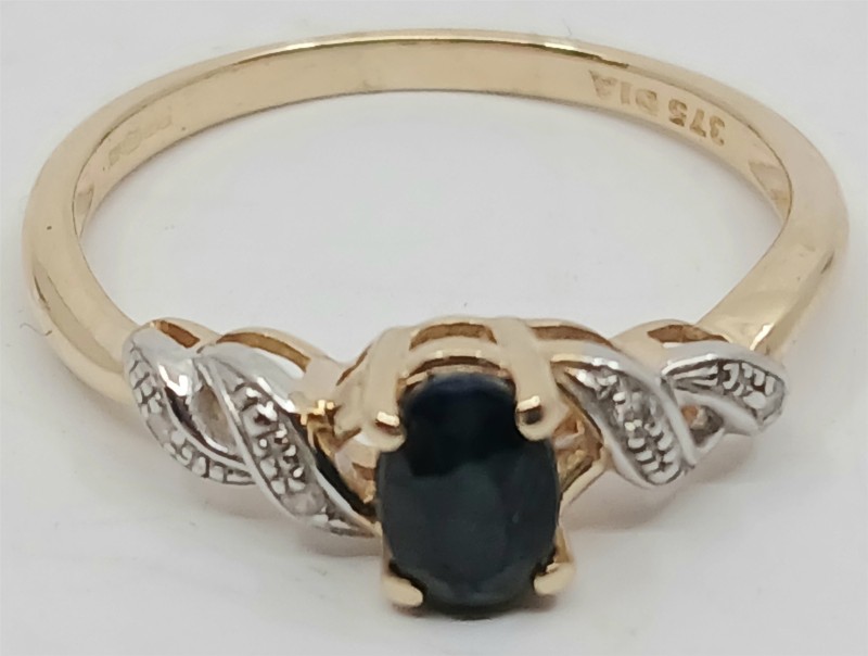 9Ct Sapphire And Diamond Chip Yellow Gold Ladies Ring Size P ...