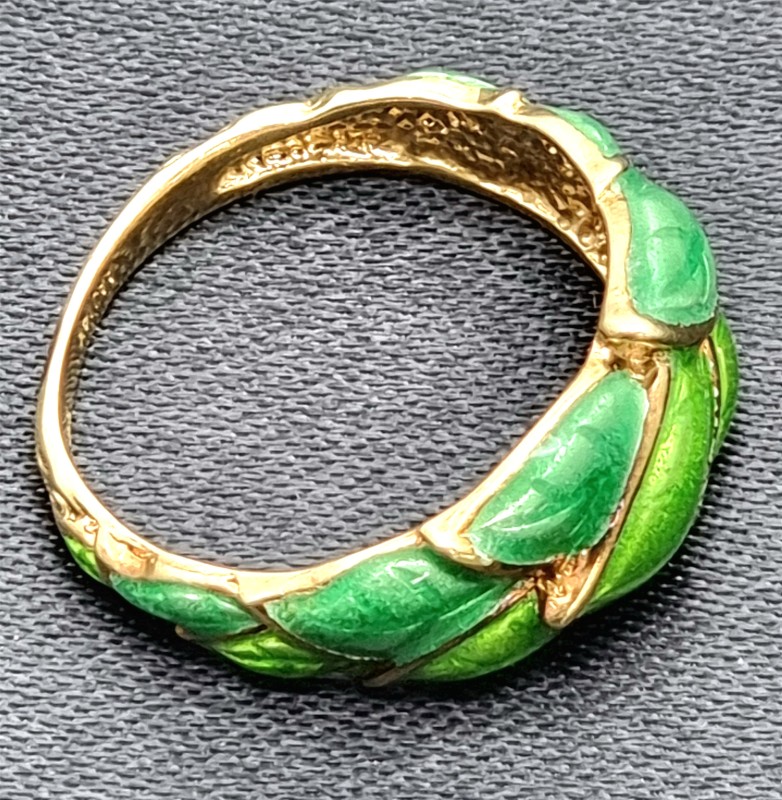 14ct Green Enamel Leaf Ring Yellow Gold Unisex Ring Size P½ ...