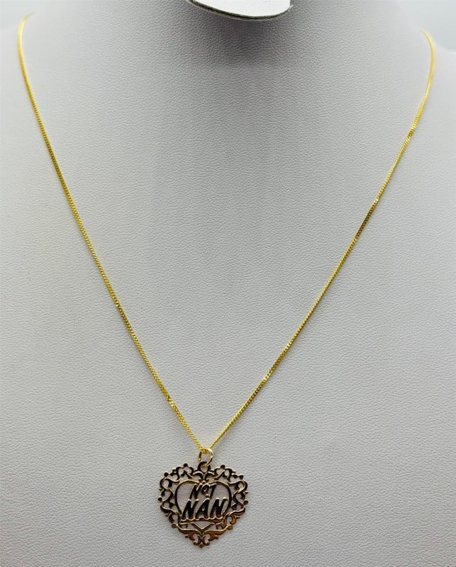 Yellow Gold 9Ct Fine Link With ''No.1 Nan'' Heart Pendant Chain 1.77G ...