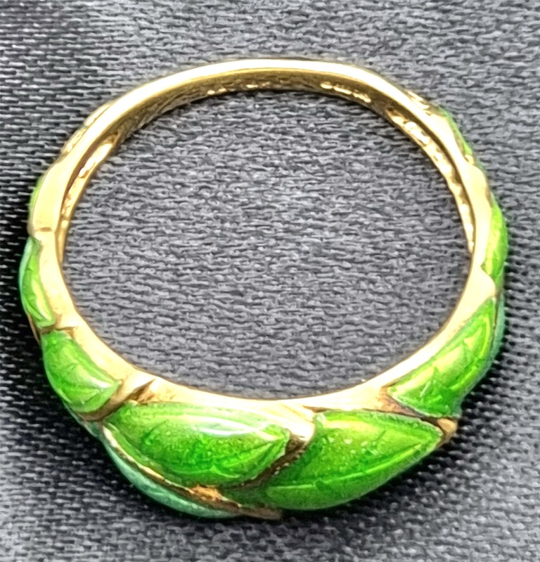 14ct Green Enamel Leaf Ring Yellow Gold Unisex Ring Size P½ ...