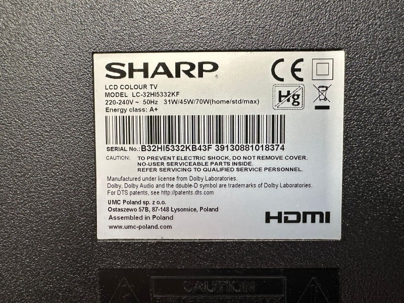 Sharp Lc-32Hi5332kf 32" HD Smart TV Black | 032000121438 | Cash Converters