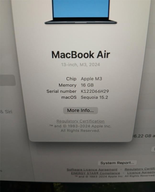 Apple A3113 Macbook Air 13". 256GB M3 Chip 16GB 256 SSD Blue ...