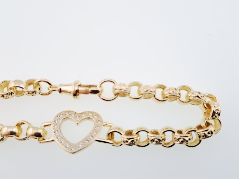 9ct Belcher Link With Heart Detail Yellow Gold Bracelet 15.1G ...