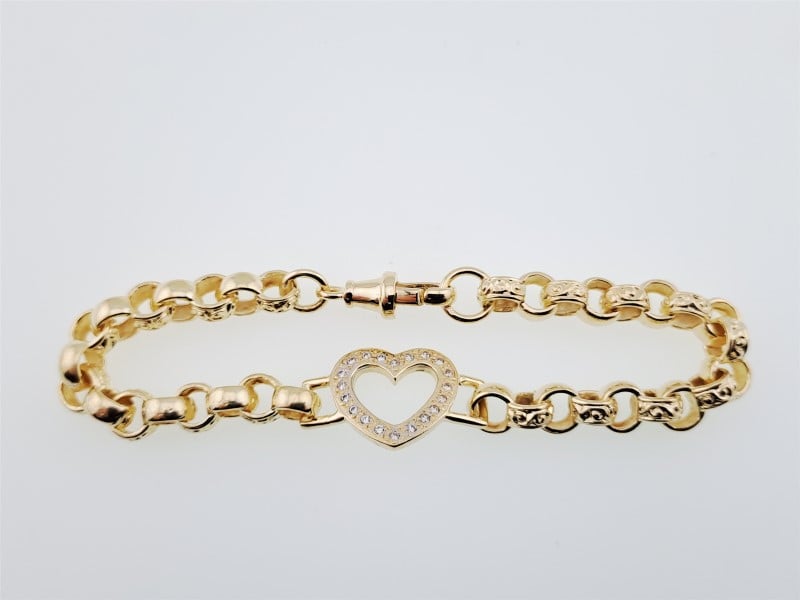 9ct Belcher Link With Heart Detail Yellow Gold Bracelet 15.1G ...