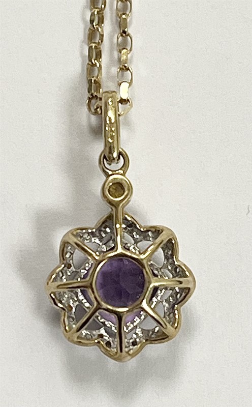9ct Amethyst & Diamond On 50cm Fine Belcher Yellow Gold Pendant On ...