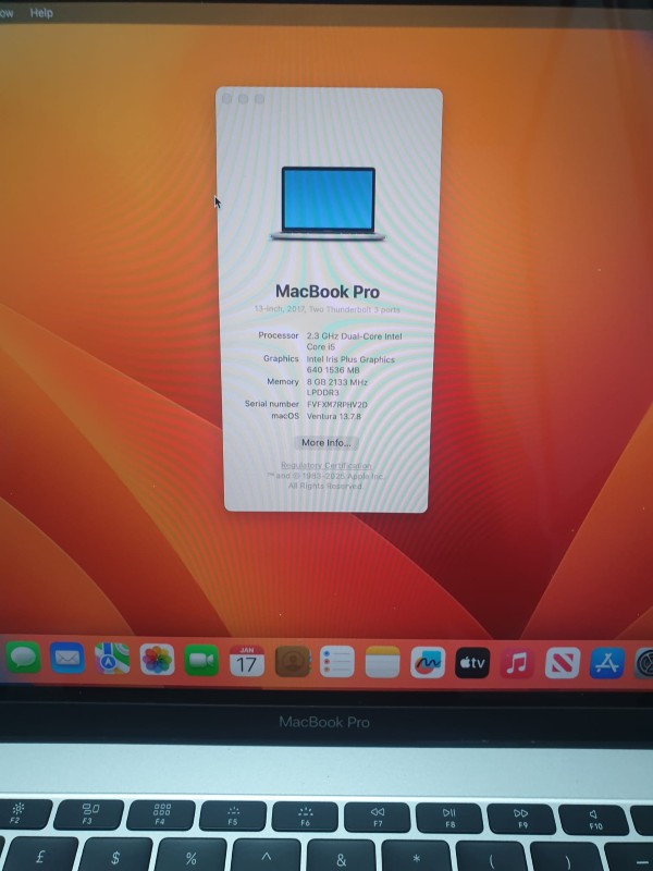 Macbook Pro 13" 2017 Intel Iris Plus Graphics 640 8GB Ram 8GB Silver ...